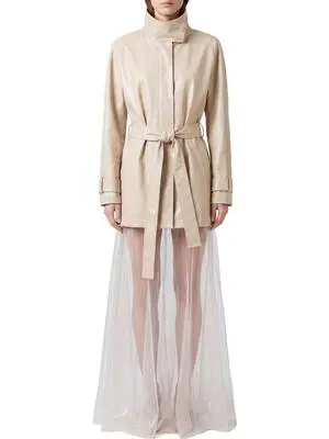Paloma Wool Short Jacket In Linen And Faux Leather With Belted Waist - Beige