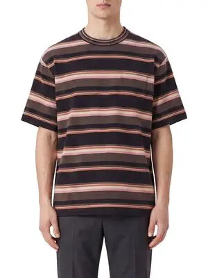Sacai Striped Cotton T-shirt With Patch Pocket And Dropped Shoulders - Kaki