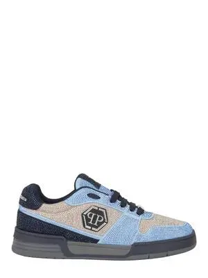 Philipp Plein P-force Leather Sneakers With Monogram And Crystals - Blue
