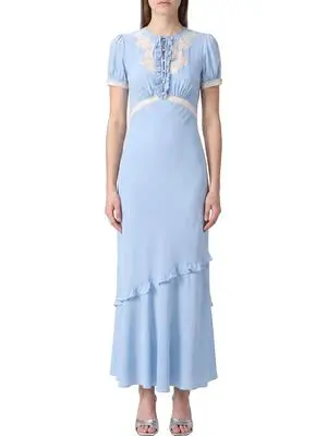 SELF-PORTRAIT Lace Trimmed Ruffled Midi Dress - Blue