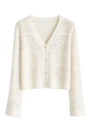MUTE BY JL Lace Knit Cropped Cardigan With V-neck - White