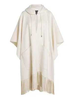 Colombo Cashmere Hooded Cape With Fringe Trim - White