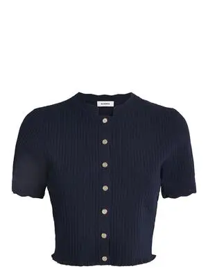 Sandro Cropped Rib-knit Cardigan With Gold-tone Buttons - Blue