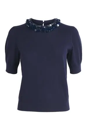 Ulla Johnson Merino Wool Sequin Embellished T-shirt - Navy