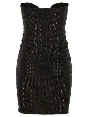 VENUJA Embellished Ruched Sweetheart Neck Mini Dress - Brown