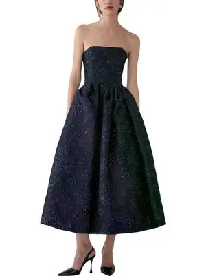 Carolina Herrera Strapless Floral Jacquard Midi Dress - Blue