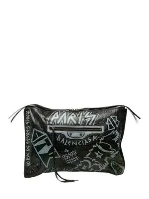 Balenciaga 2018 Lambskin Graffiti Zip Around Clutch Bag - Black