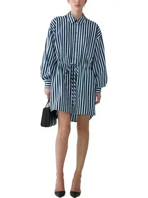 Carolina Herrera Striped Drawstring Mini Shirt Dress - Blue