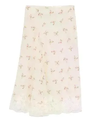 P.a.r.o.s.h Floral Print Midi Skirt With Lace Trim - Neutrals