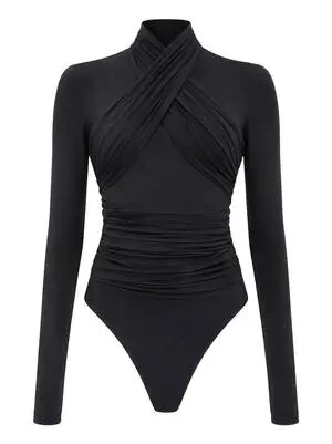 Wardrobe.NYC Ruched Crossover Bodysuit - Black