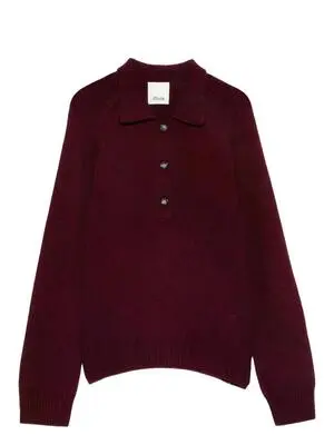ALLUDE Allude Burgundy Waffle Knit Polo Collar Button-Up Sweater