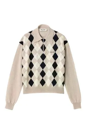 Miu Miu Argyle Pattern Cashmere Polo Sweater - Neutrals