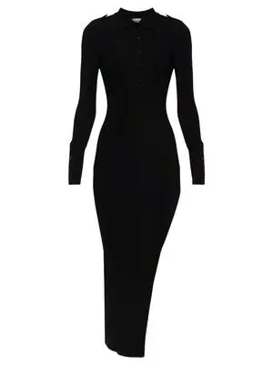 COURREGES Ribbed Knit Collared Button-up Midi Dress With Side Slit - Black