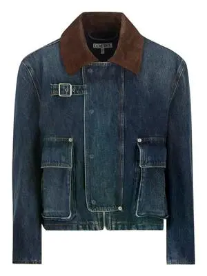 Loewe Short Denim Parka With Suede Collar - Blue