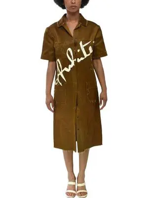 Off-White Midi Shirtdress With Printed Logo And Raw-cut Edges - Brown