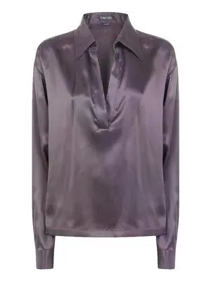 TOM FORD Silk Satin V-neck Long Sleeve Top - Brown