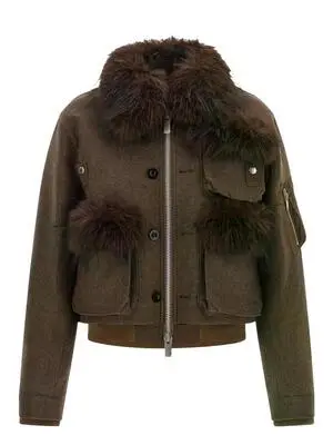 Sacai Faux Fur Trimmed Wool Jacket - Brown