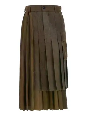 Sacai Asymmetrical Pleated Midi Skirt With Cargo Pockets - Brown