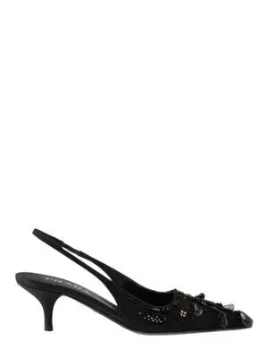 Prada Embroidered Satin Slingback Pumps - Black
