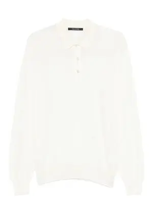 Tagliatore Long Sleeve Knit Polo Shirt In 100% Virgin Wool, Made In Italy - Bianco