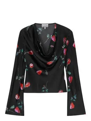 GANNI Floral Print Cowl Neck Long Sleeve Top - Nero