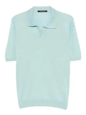 Tagliatore Polo-collar Silk Shirt With Slit Neckline, Short Sleeves & Ribbed Trim - Azzurro