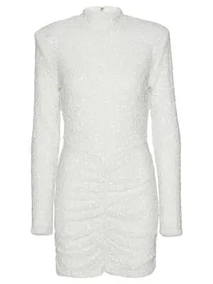 ROTATE BY BIRGER CHRISTENSEN High-neck Fitted Mini Dress With Sequins And Back Zip - Bianco
