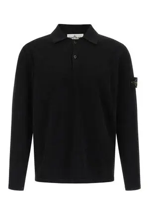 Stone Island Cotton Ribbed-collar Polo Shirt With Two-button Placket And Contrast Knit Band - Nero