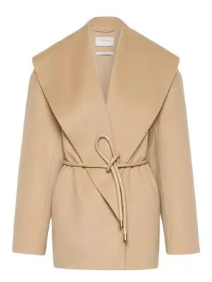 Sportmax Hand-sewn Double Virgin Wool Blazer With Wide Scarf Collar, Double-layer Lapels & Tubular Belt - Beige