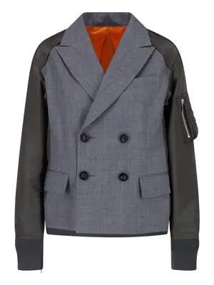Sacai Double Breasted Zip-front Jacket With Notch Lapel - Grey