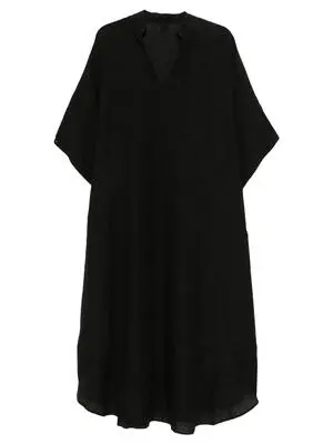 120% Lino 100% Linen V-neck Kaftan Dress With Side Slits - Nero