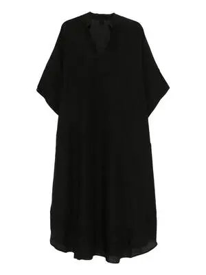 120% Lino 100% Linen V-neck Kaftan Dress With Side Slits - Nero