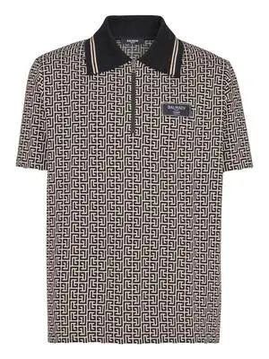 Balmain Contrasting Polo Collar Striped Zip-front T-shirt With Silver Slider - Nero