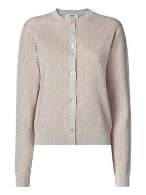 Fendi Slim-fit Crew Neck Wool Cardigan With Ff Jacquard Motif - Rosa