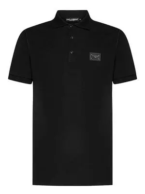 Dolce & Gabbana Cotton Polo Shirt With Front Buttons And Logo Metal Plaque - Nero