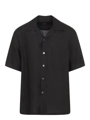 Zegna Regular-fit Linen Cuban Collar Button-down Shirt With Chest Pocket - Nero