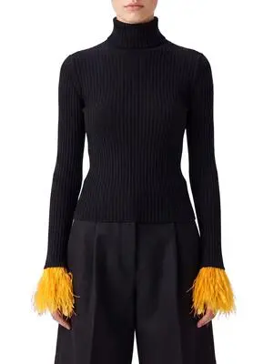 La DoubleJ Ribbed Turtleneck With Feather Cuffs - Black
