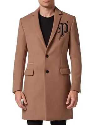 Philipp Plein Single-breasted Viscose Blend Coat With Embroidered Logo - Beige