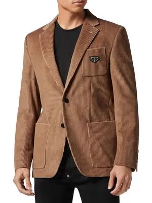 Philipp Plein Single-breasted Velvet Blazer With Peak Lapels And Patch Pockets - Beige