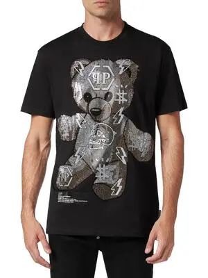Philipp Plein Cotton T-shirt With Teddy Bear Print, Monogram And Rhinestones - Black