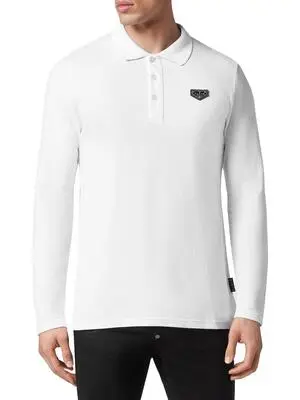 Philipp Plein Slim Fit Long-sleeved Cotton Polo Shirt With Applied Logo - White