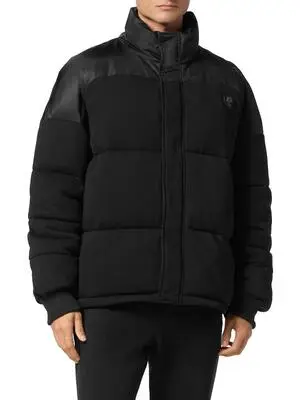 PLEIN SPORT Short Quilted Puffer Jacket In Nylon With High Neck And Hexagon Logo - Black
