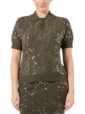Marina Rinaldi Sequined Polo Top - Kaki