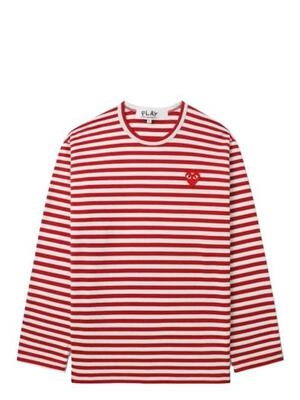 Play Comme Des Garcon Heart Logo Striped Long Sleeve T-shirt - Bright Red