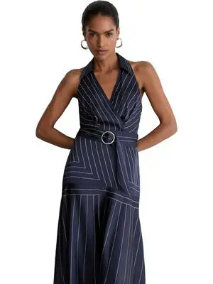 REISS Casey Striped Sleeveless Collared Midi Dress - Navy