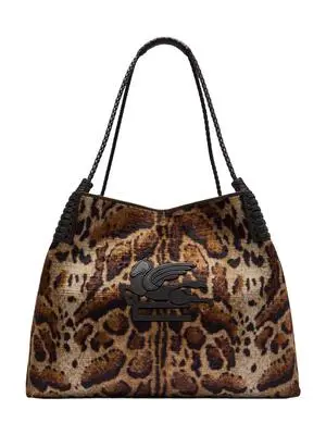 Etro Large Leopard Print Velvet Tote - Khaki