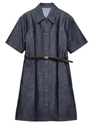 Prada Belted Denim Shirt Dress - Blue