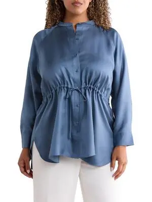 Eileen Fisher Silk Mandarin Collar Shirt With Drawstring Waist - Coldspring