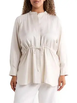 Eileen Fisher Silk Mandarin Collar Shirt With Drawstring Waist - Plstr