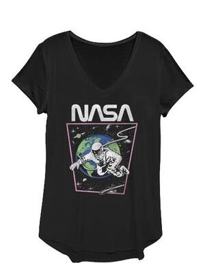 NASA Distressed Astronaut In Space Graphic V-neck T-shirt - Black